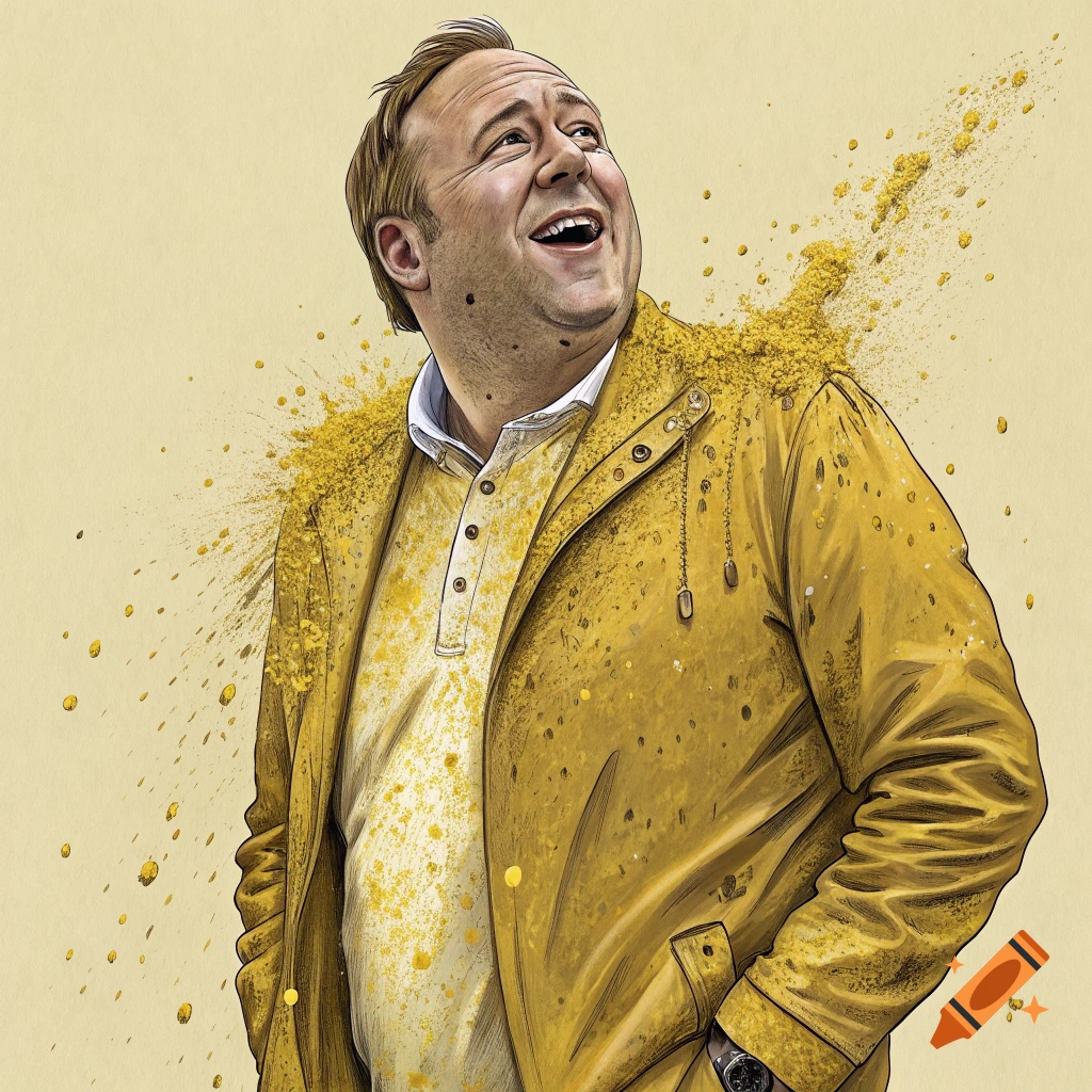 Illustration of a person smiling, covered in yellow splatters. on Craiyon