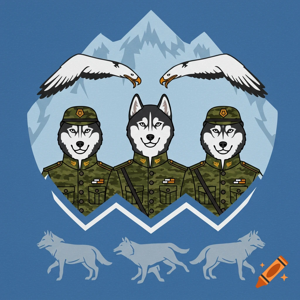 Flag featuring huskies, birds, and grey wolves in a cold environment on ...