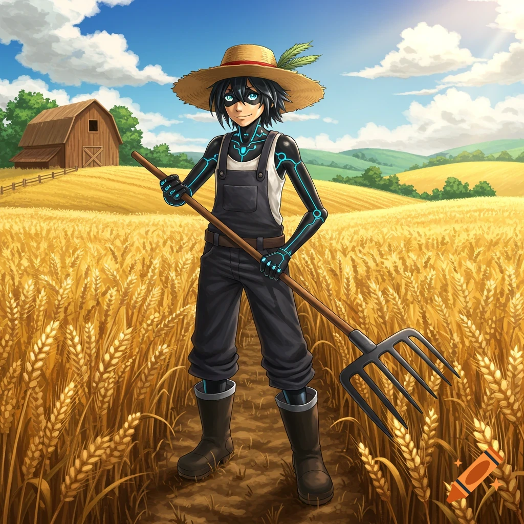 Anime-style image of a man in overalls and straw hat kneeling in a ...