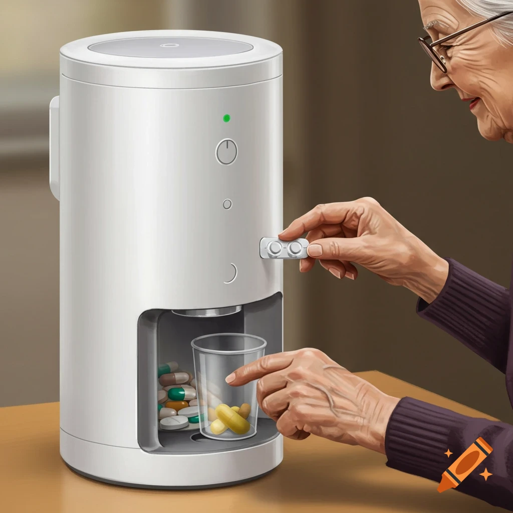 Automatic pill dispenser used by elderly person in brochure style on ...