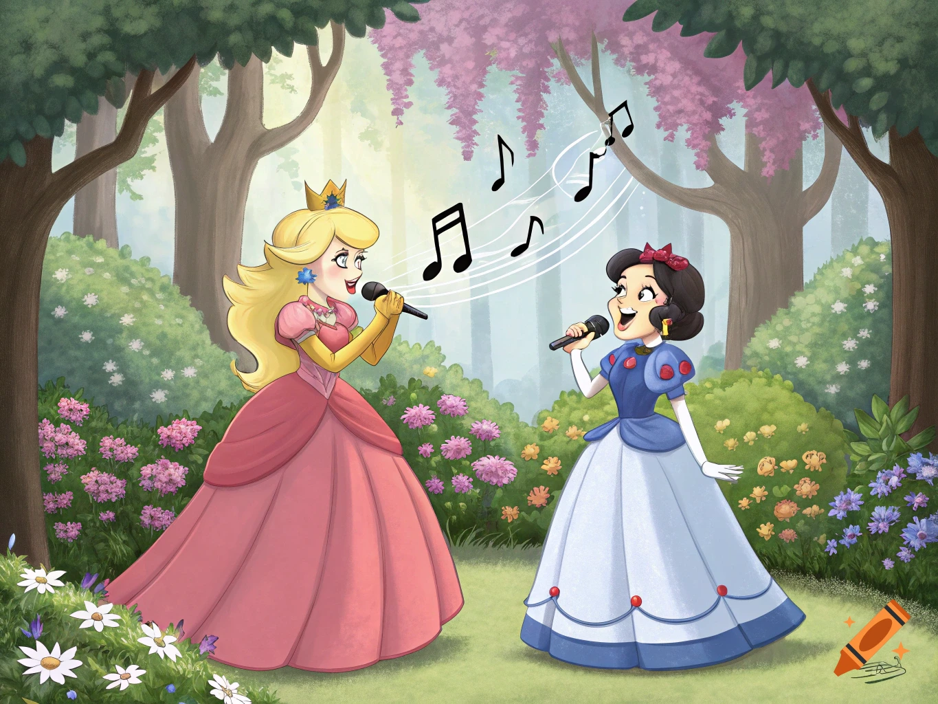 Cartoon illustration of Princess Peach and Snow White singing in a ...