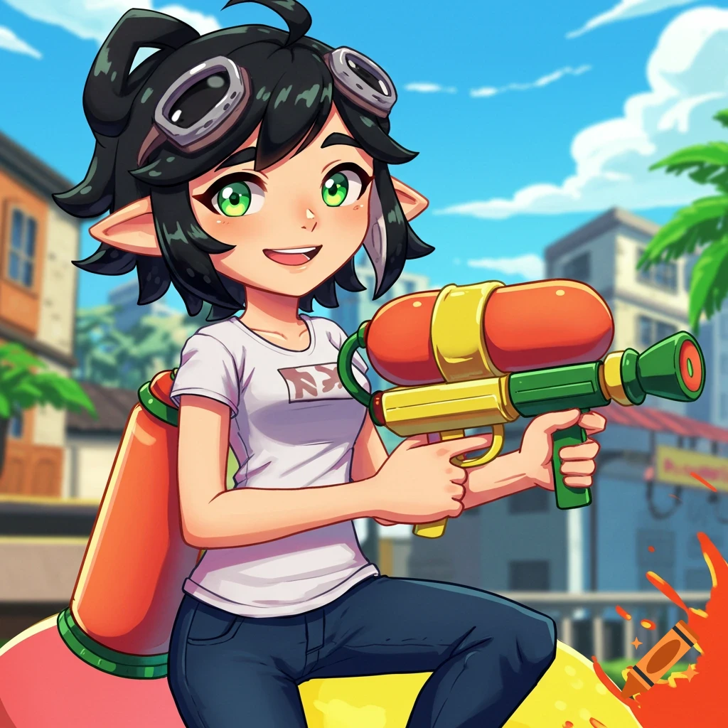 Anime character, Meggy, holds a water gun and sits outdoors in a summer ...