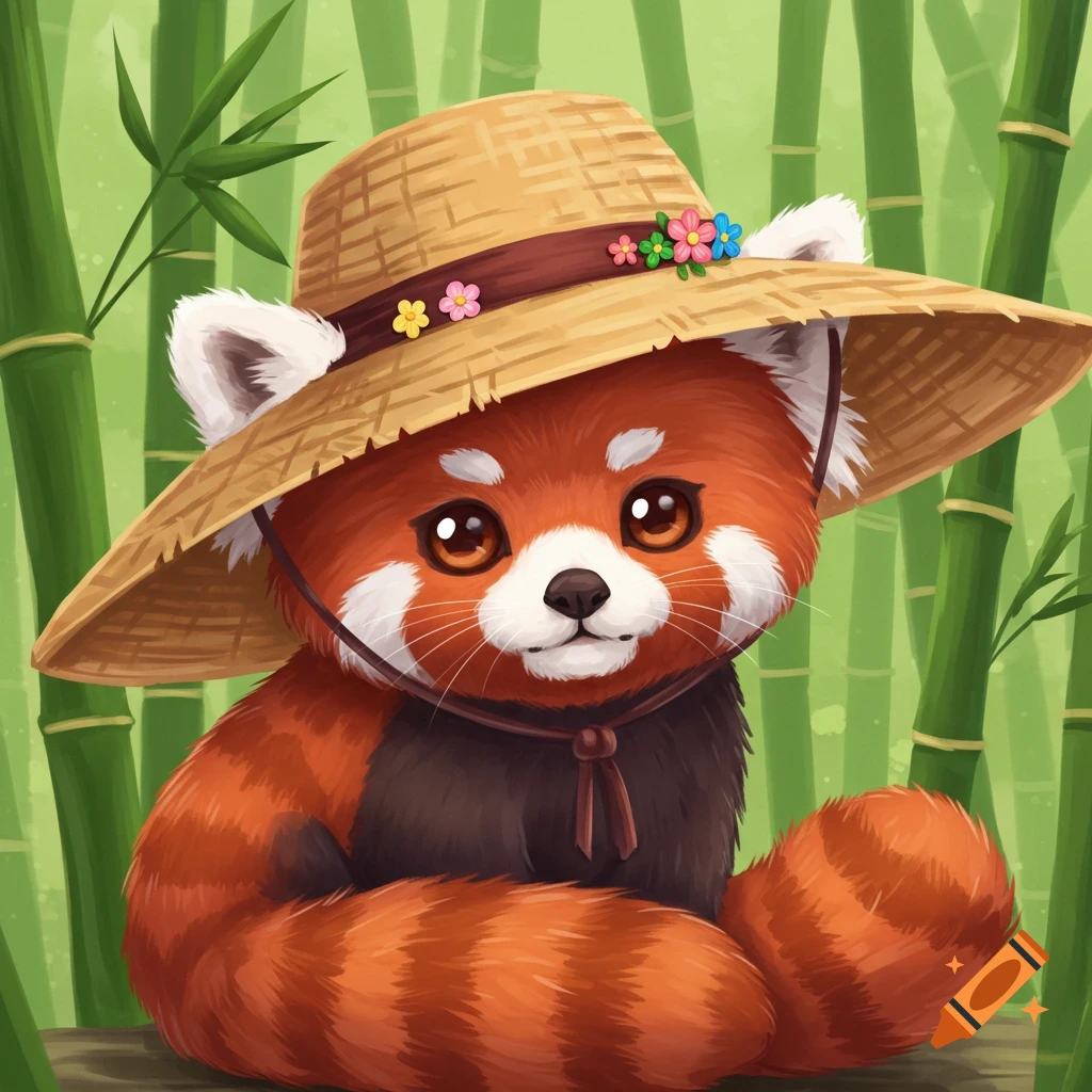 A cute red panda wearing a straw hat in a bamboo forest. on Craiyon