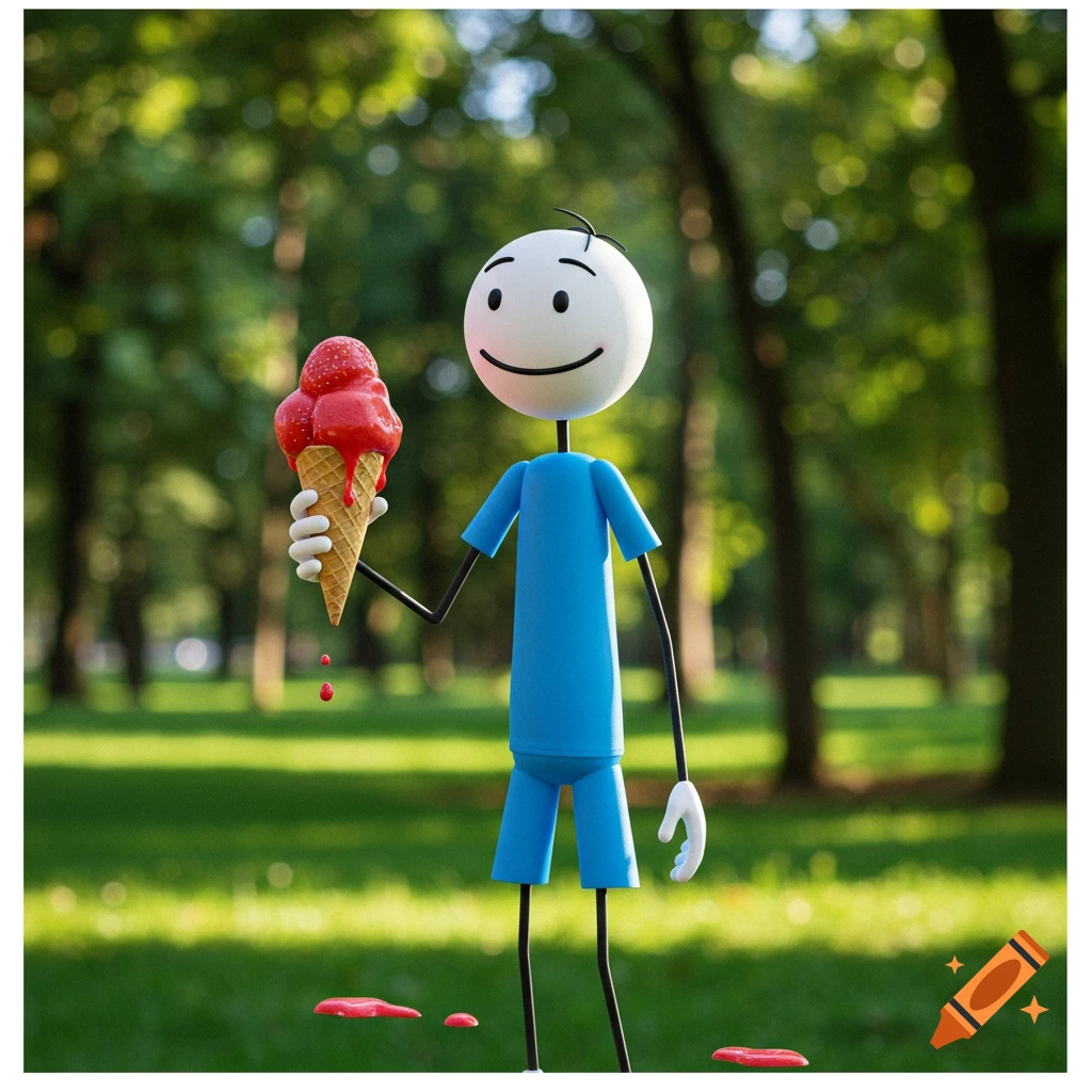 A stylized stick figure character holds a melting red ice cream cone in ...