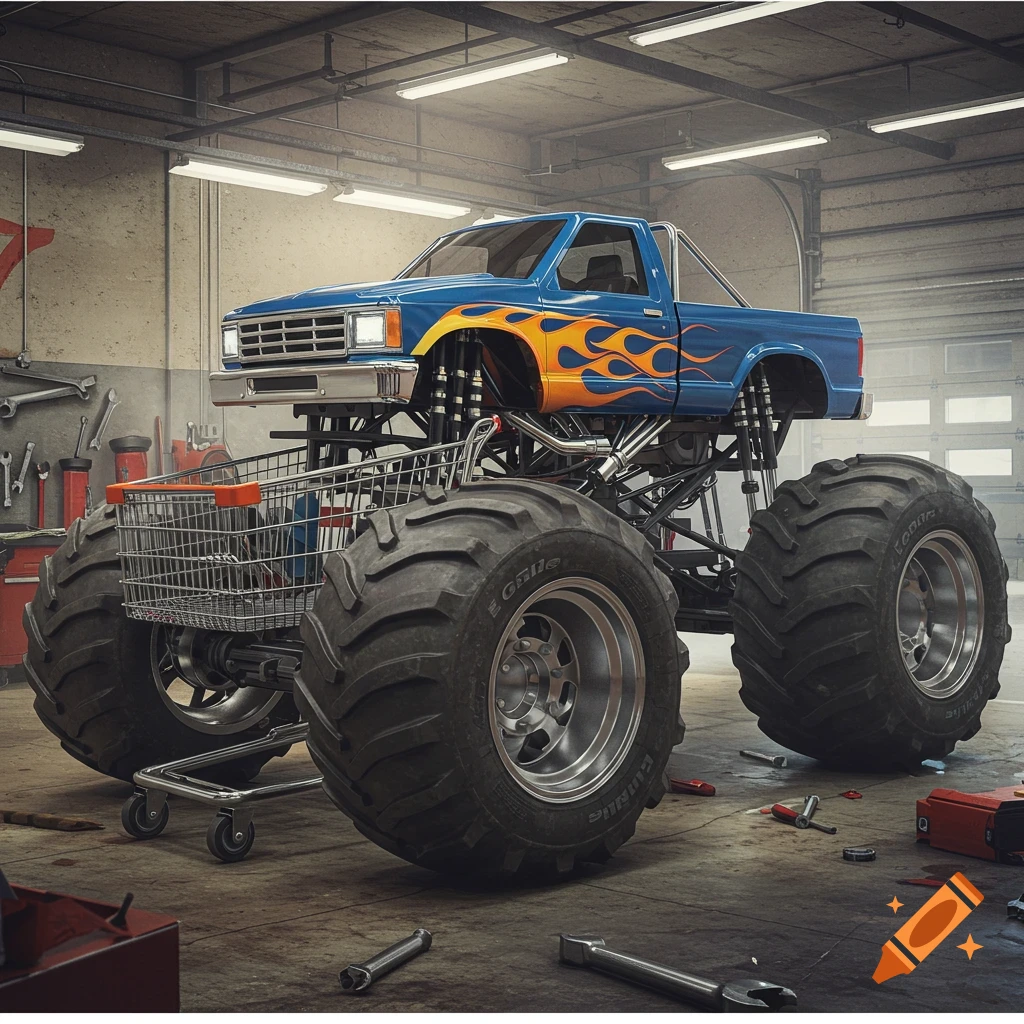 Monster truck with shopping cart wheels on Craiyon