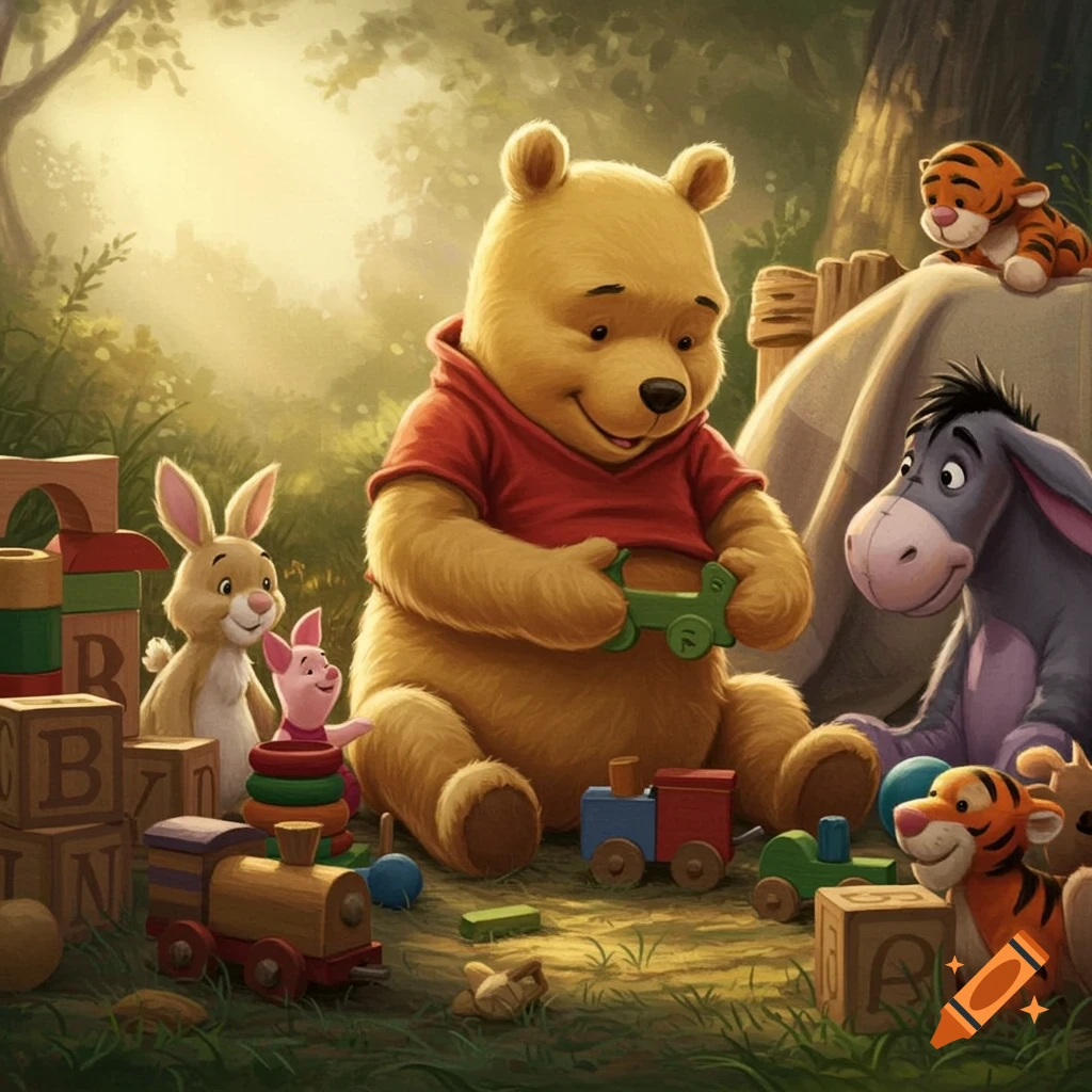 Winnie-the-Pooh and friends play with wooden blocks and trains in a ...