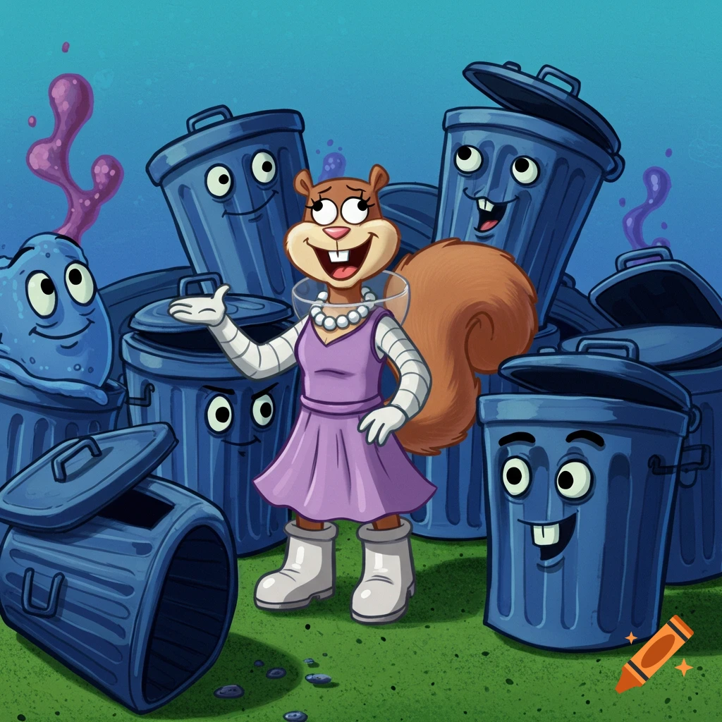 Sandy Cheeks in a purple dress with anthropomorphic blue trash cans on ...