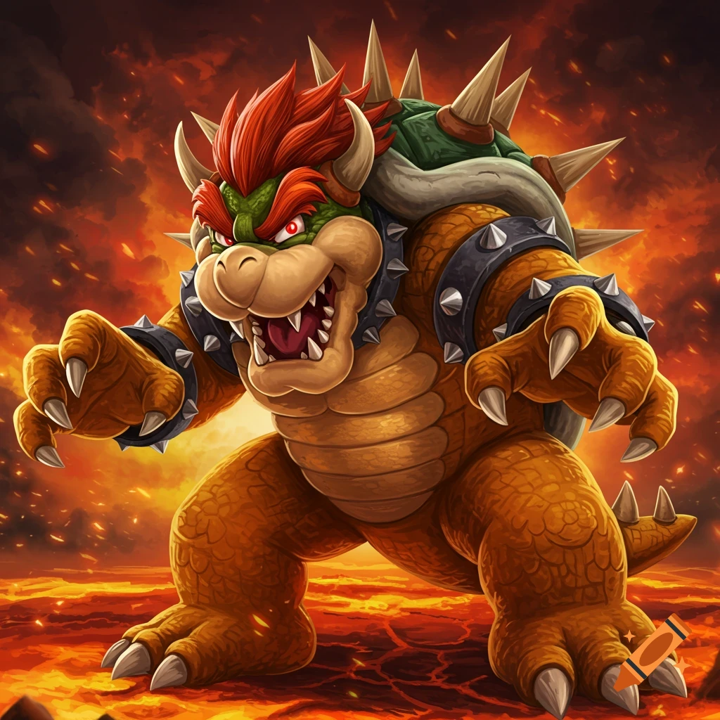 A female Bowser character, Bowsette, stands in a fiery volcanic ...