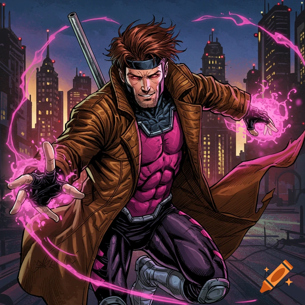 Gambit from X-Men generating pink energy in a city. on Craiyon