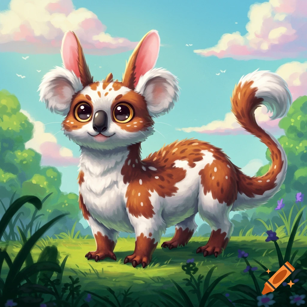 Dragon with koala face, bunny ears, cat tail, and cow spots on Craiyon