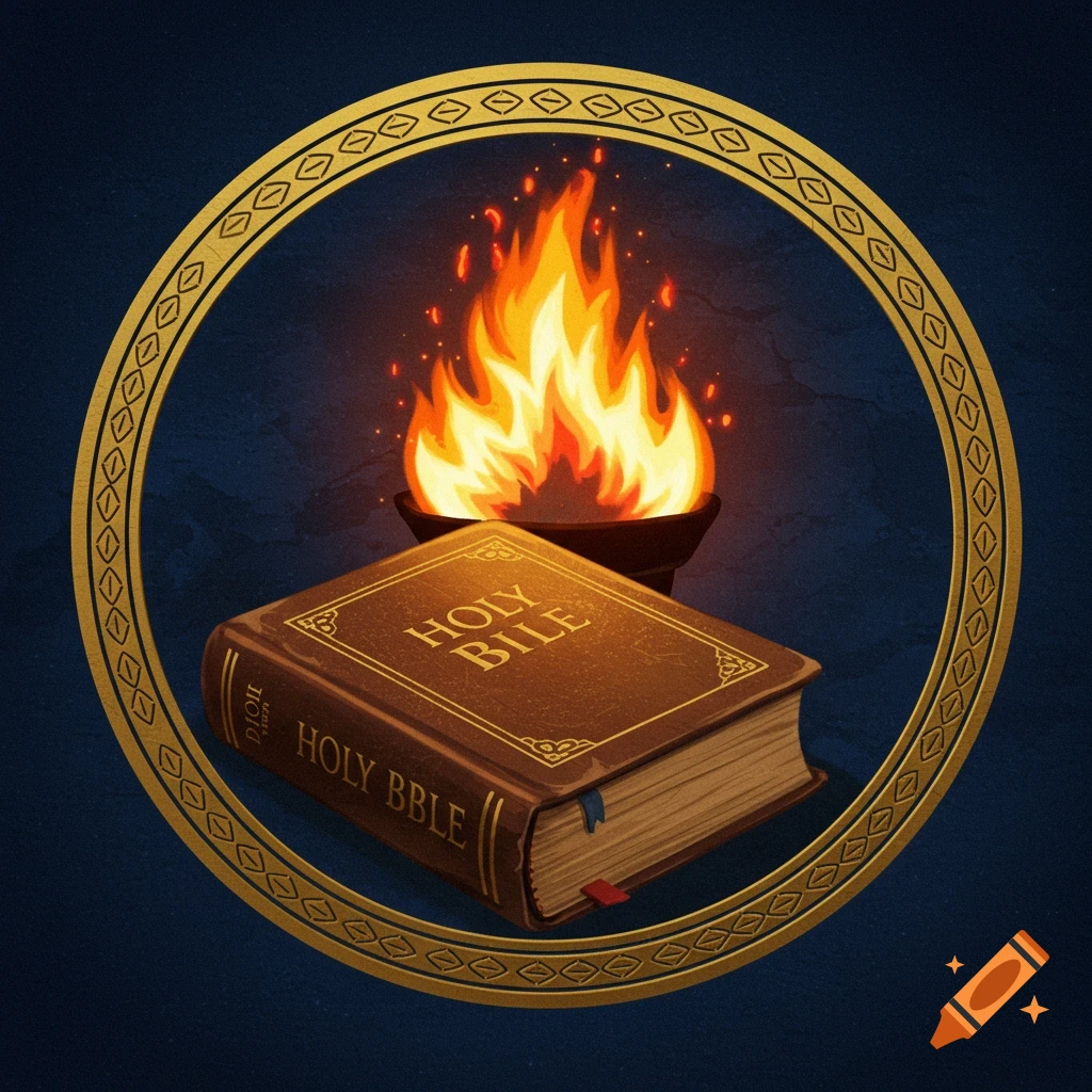 Circle containing the Holy Bible with a torch behind it on Craiyon
