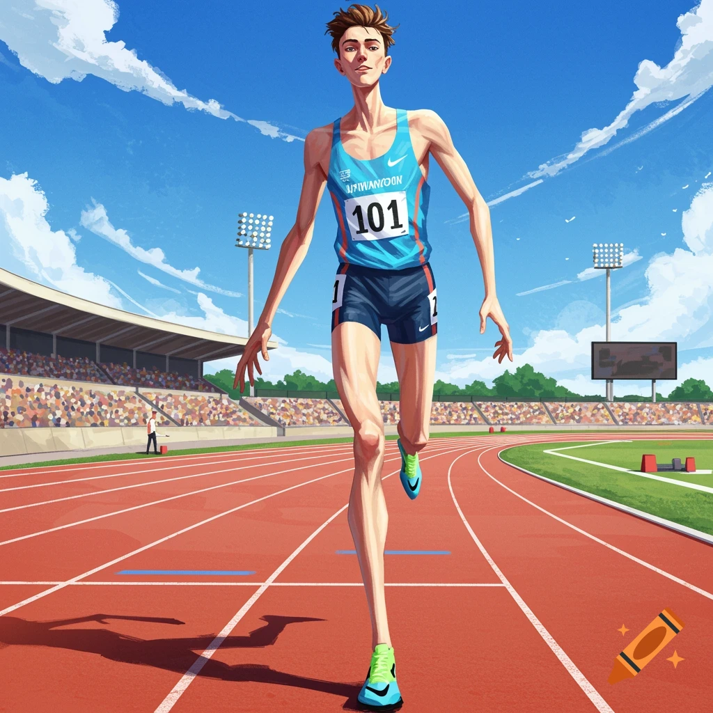 A tall runner in a blue uniform with number 101 runs on a track in a ...