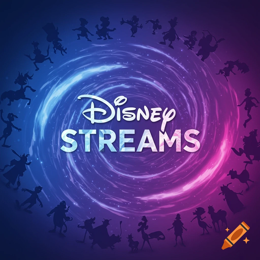Disney Streams logo over a purple and blue vortex surrounded by Disney ...