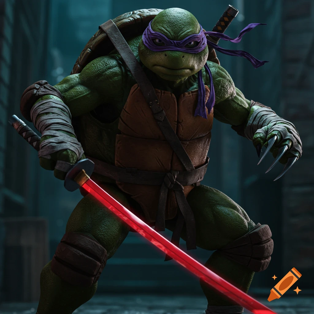 Ninja turtle with green mask holding a red katana and bear claw on Craiyon
