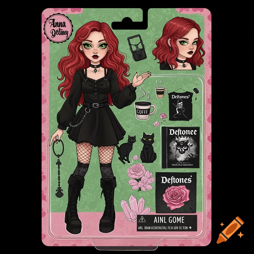 Illustration of a goth girl action figure in blister packaging with ...