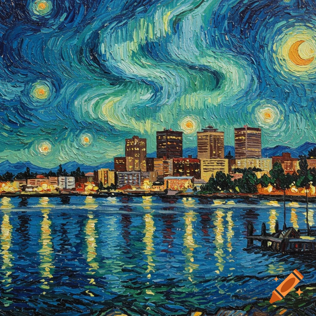 City skyline reflected in water, painted in Van Gogh's style with swirling sky. on Craiyon