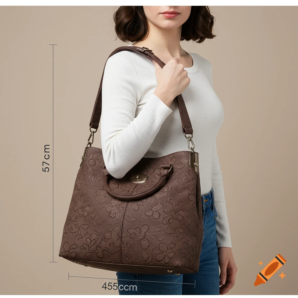 Woman holding a bag with dimensions 45cm x 35cm x 20cm on Craiyon