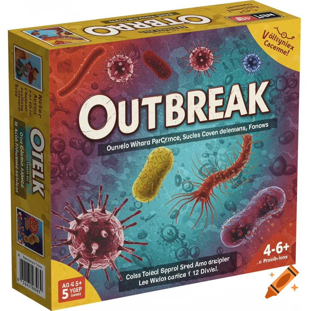Outbreak board game cover with virus, bacteria, fungi, and parasite ...