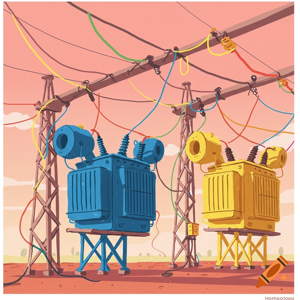 Two electrical transformers (blue and yellow) at a substation under a ...