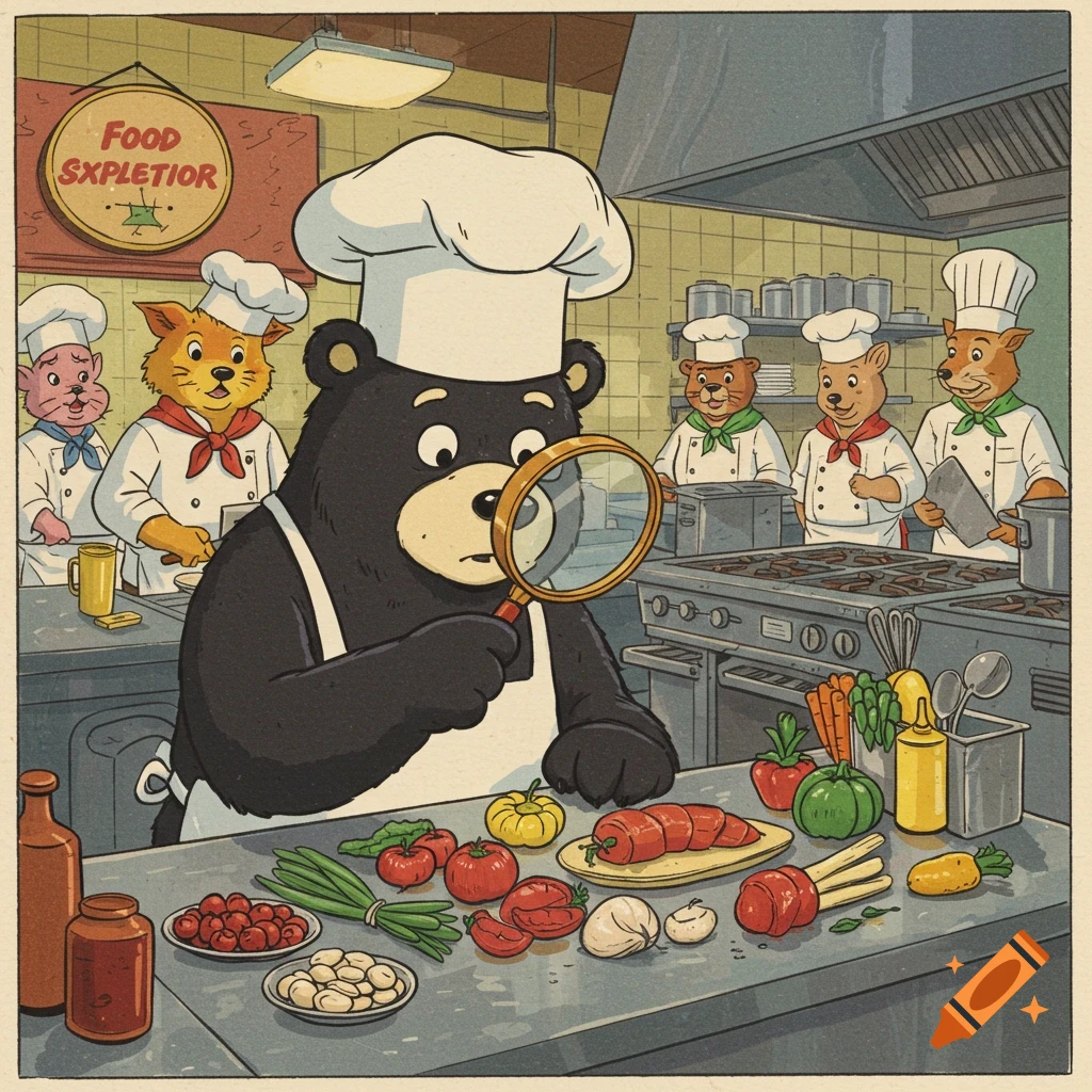 Cartoon black bear food inspector in restaurant kitchen on Craiyon
