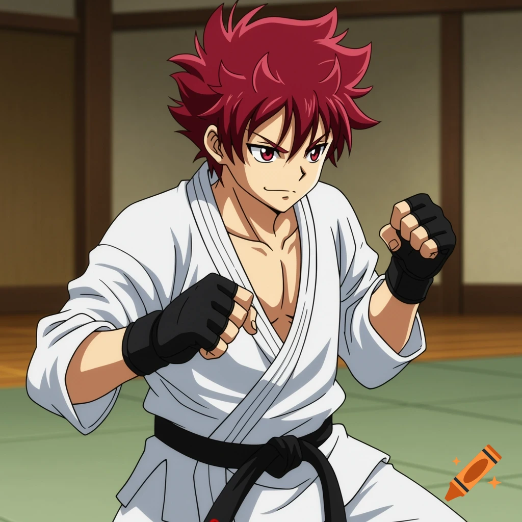 16-year-old Japanese anime male with red spiky hair in karate gi on Craiyon