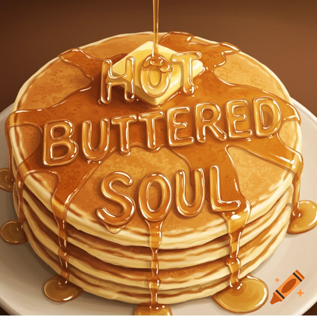 Syrup text 'Hot Buttered Soul' on pancakes on Craiyon