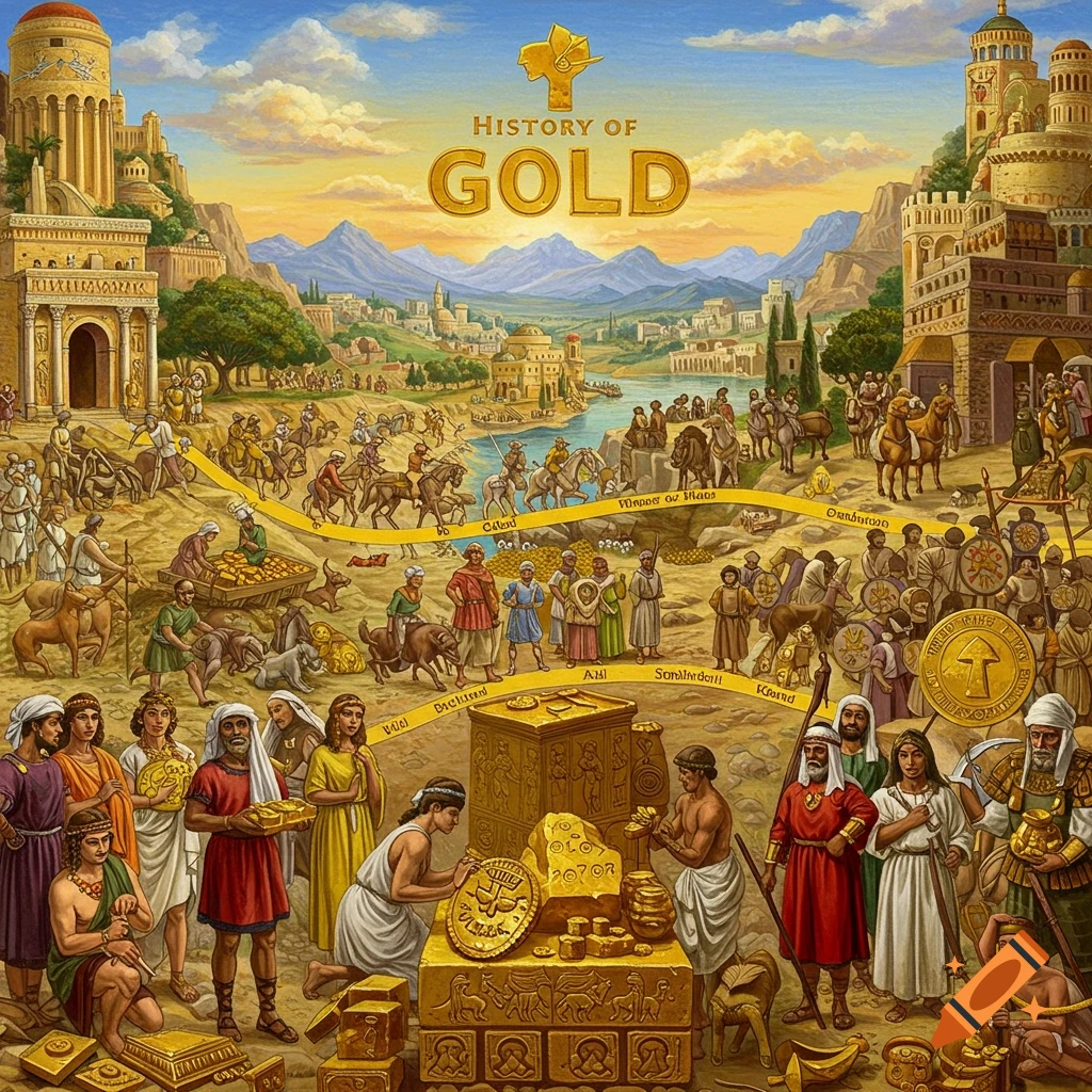 The image titled "History of Gold" depicts an ancient city landscape ...