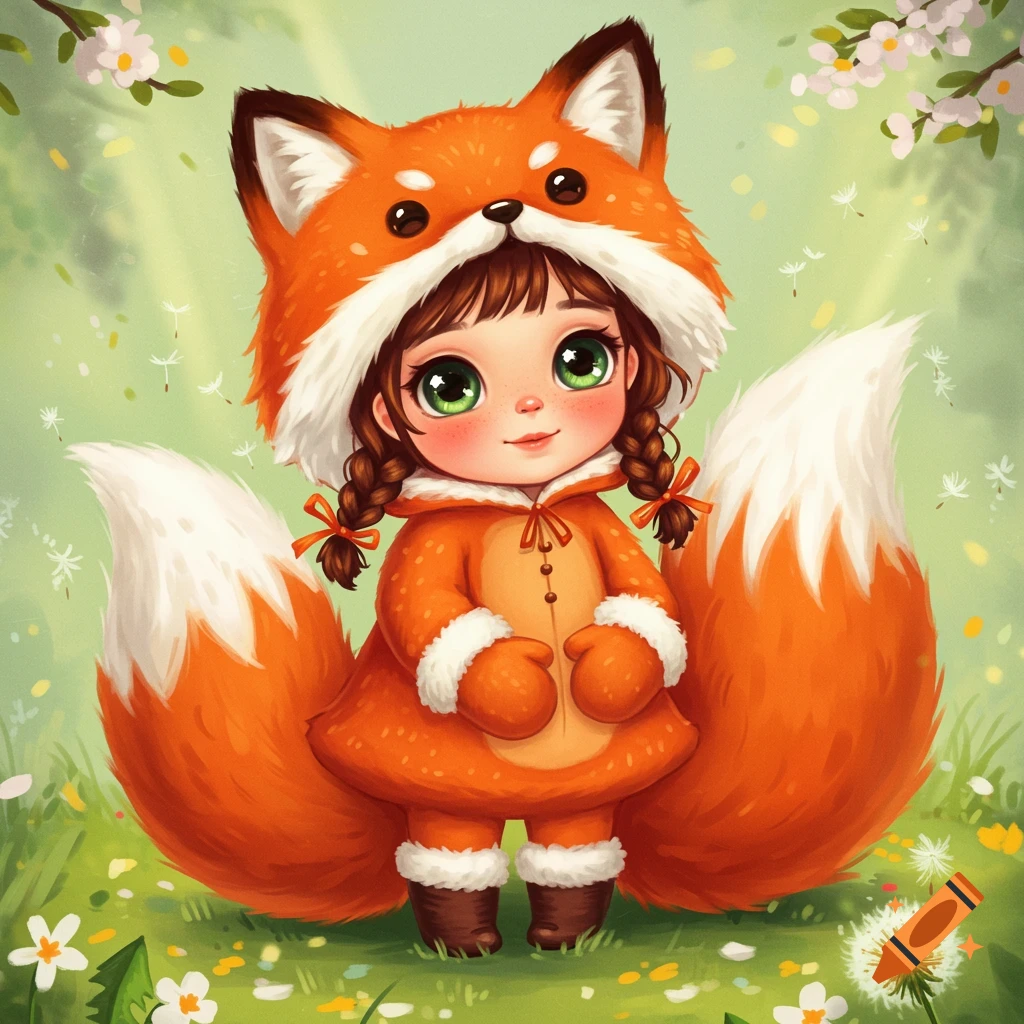 A cute, cartoon-style child in an orange fox costume walks on a sandy beach with the ocean and ...