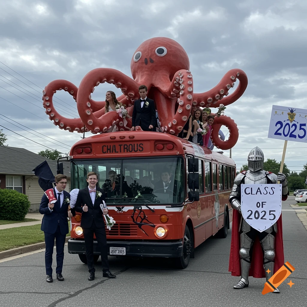 Bus with octopus on top, kids, and knight holding 'Class of 2025' sign ...