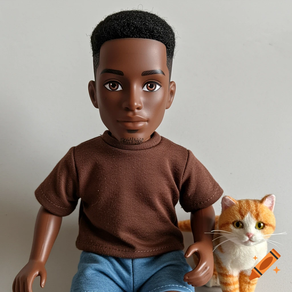 Ken doll version of a Black man with dark hair, reading, playing soccer ...