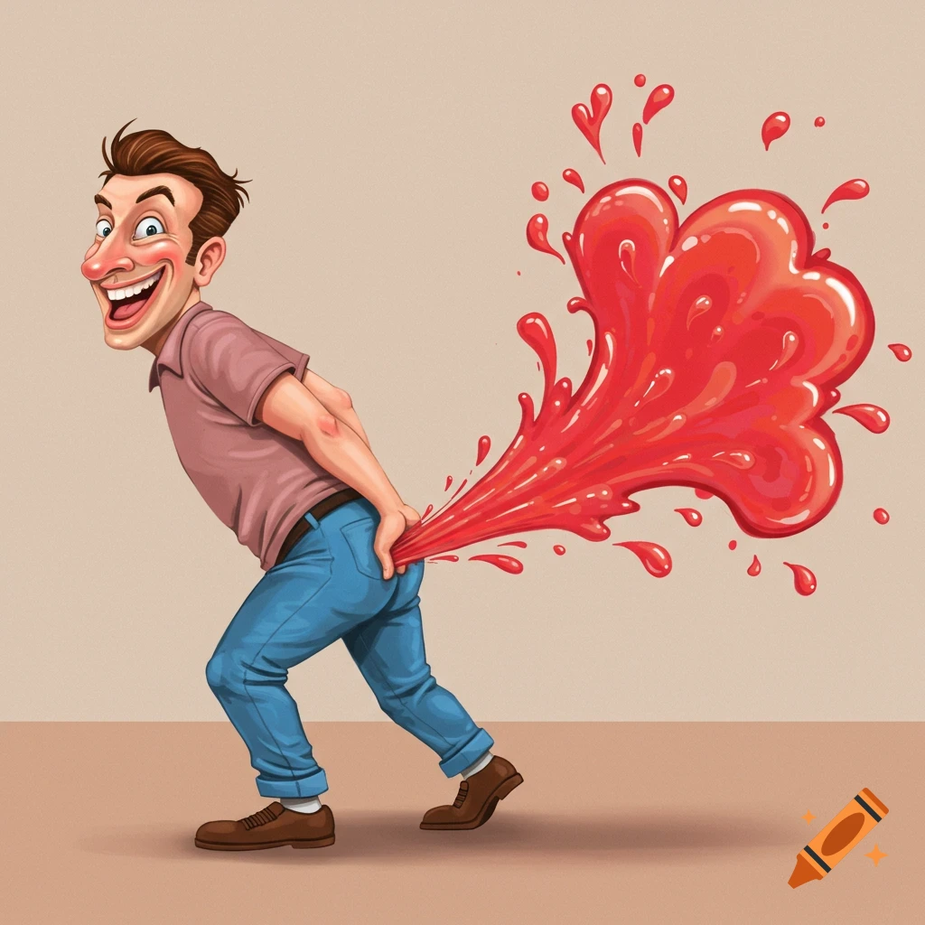 Illustration of a cartoon man farting a large red splash. on Craiyon