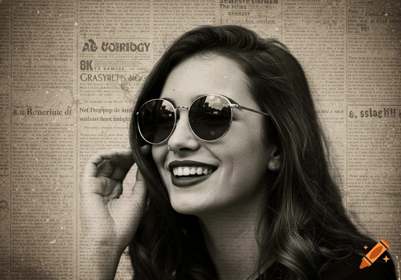 Model with sunglasses smiling in vintage newspaper photo, black and ...