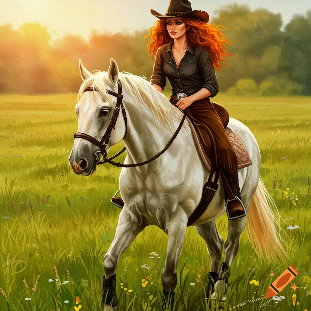Woman with red hair in black cowboy hat riding white horse on Craiyon