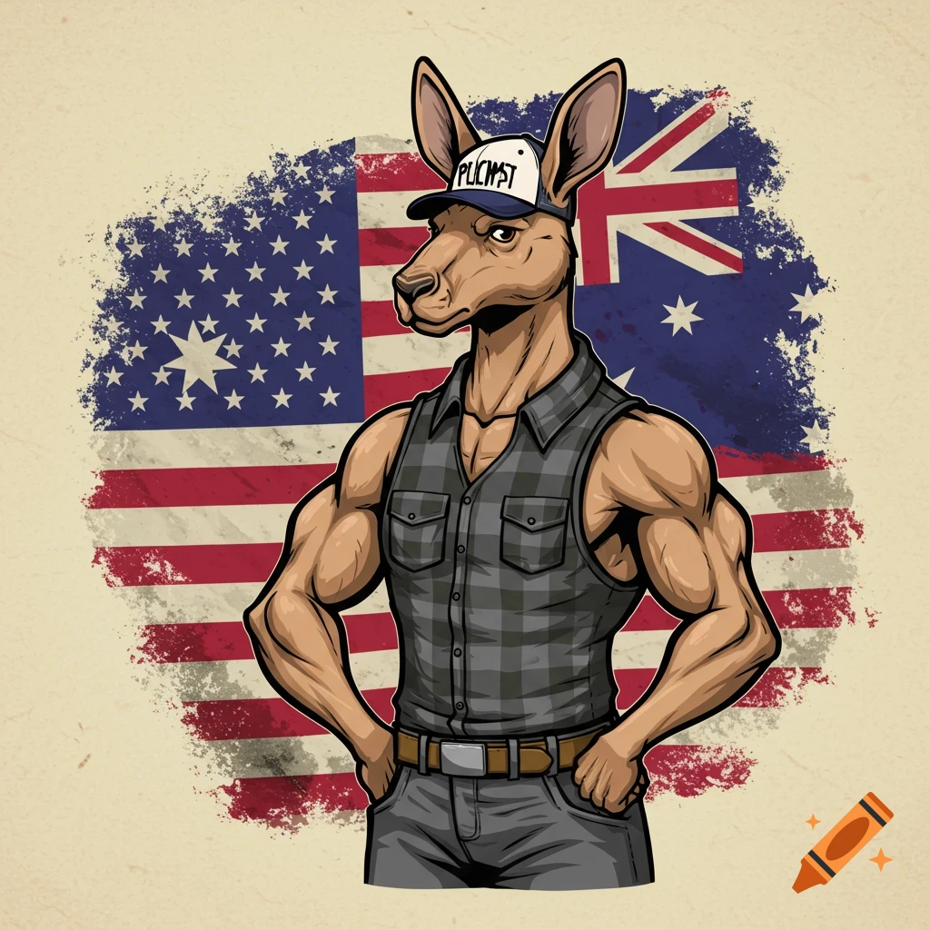 Muscular kangaroo truck driver wearing a trucker cap with blended US ...