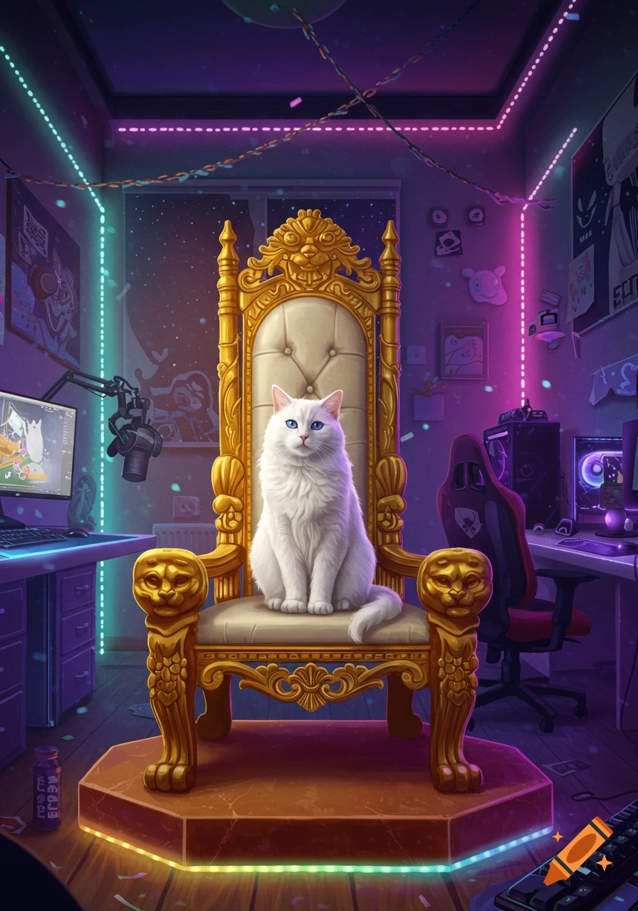 A white cat sits on a golden throne in a neon-lit streamer room. on Craiyon