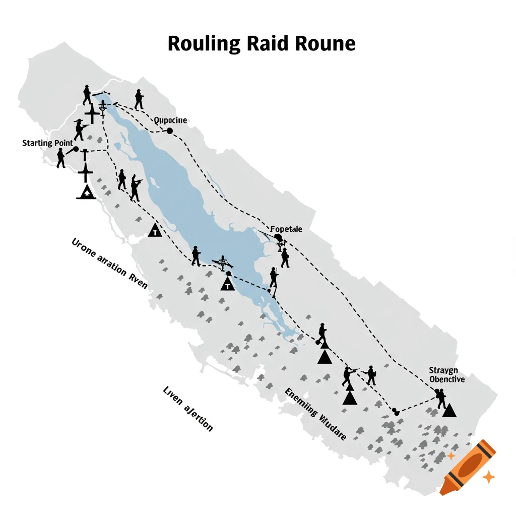 Black and white map diagram of army raid route plan avoiding terrain ...