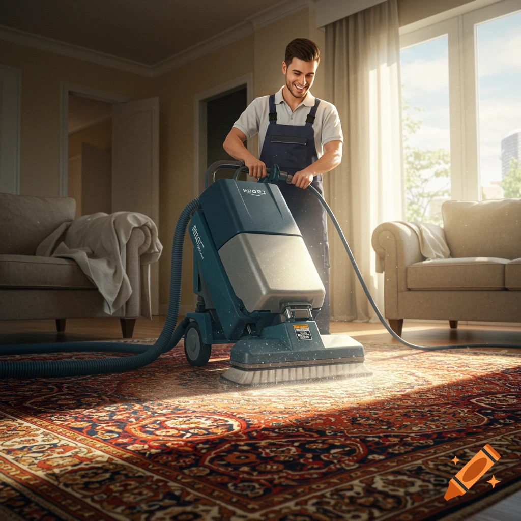 Man using a large carpet cleaning machine on an ornate rug in a living ...