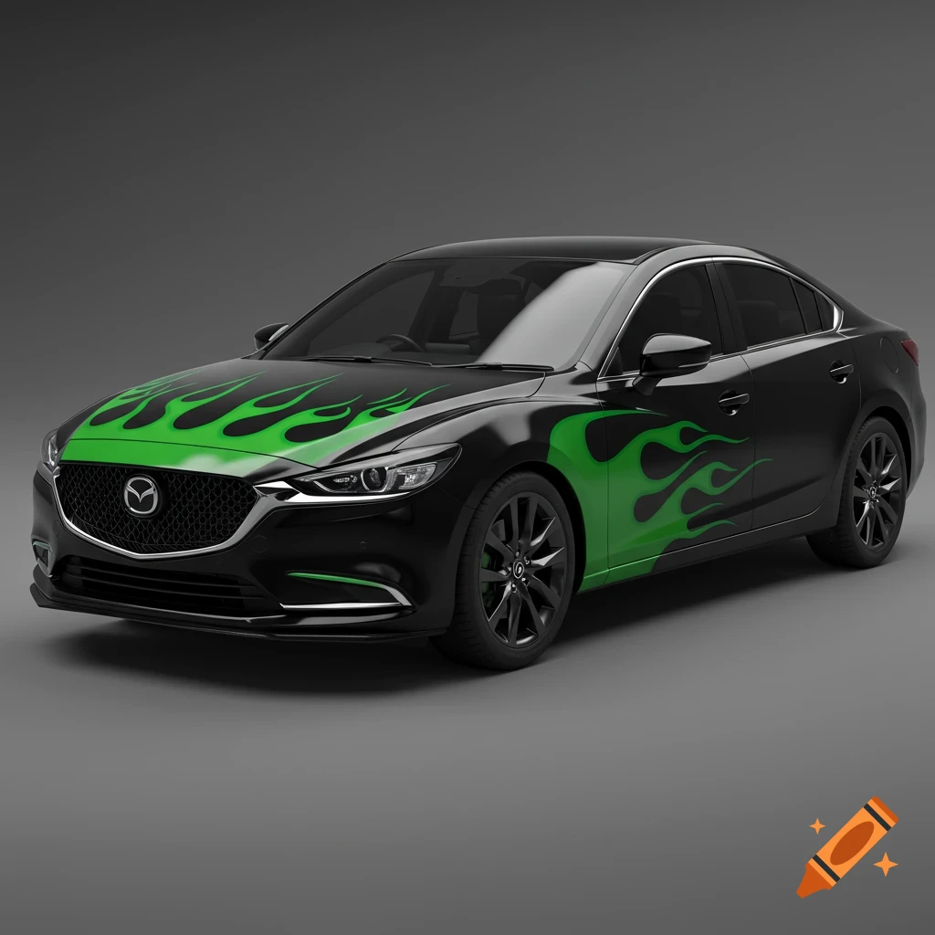Black Mazda 6 sedan with green flame decals on the hood and side on Craiyon
