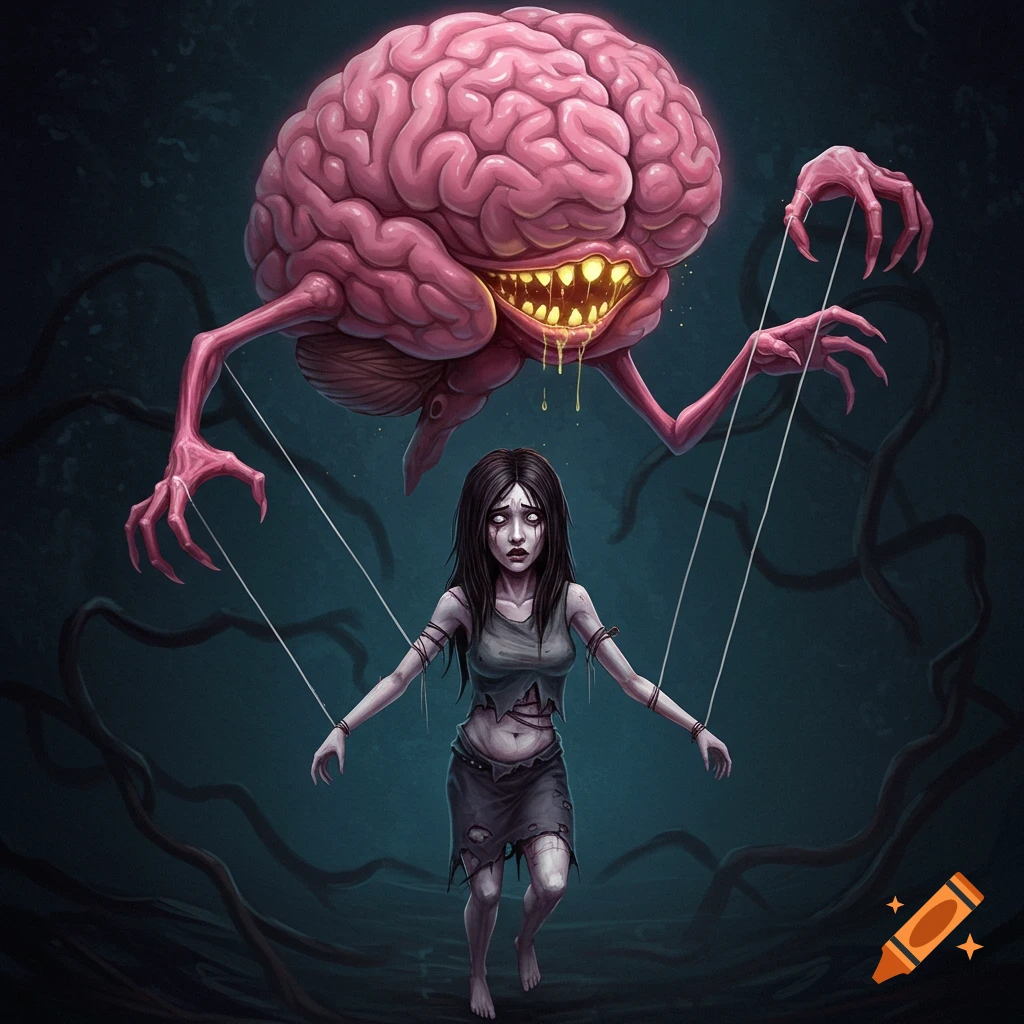 A large brain creature controls a woman like a puppet under a red sky ...