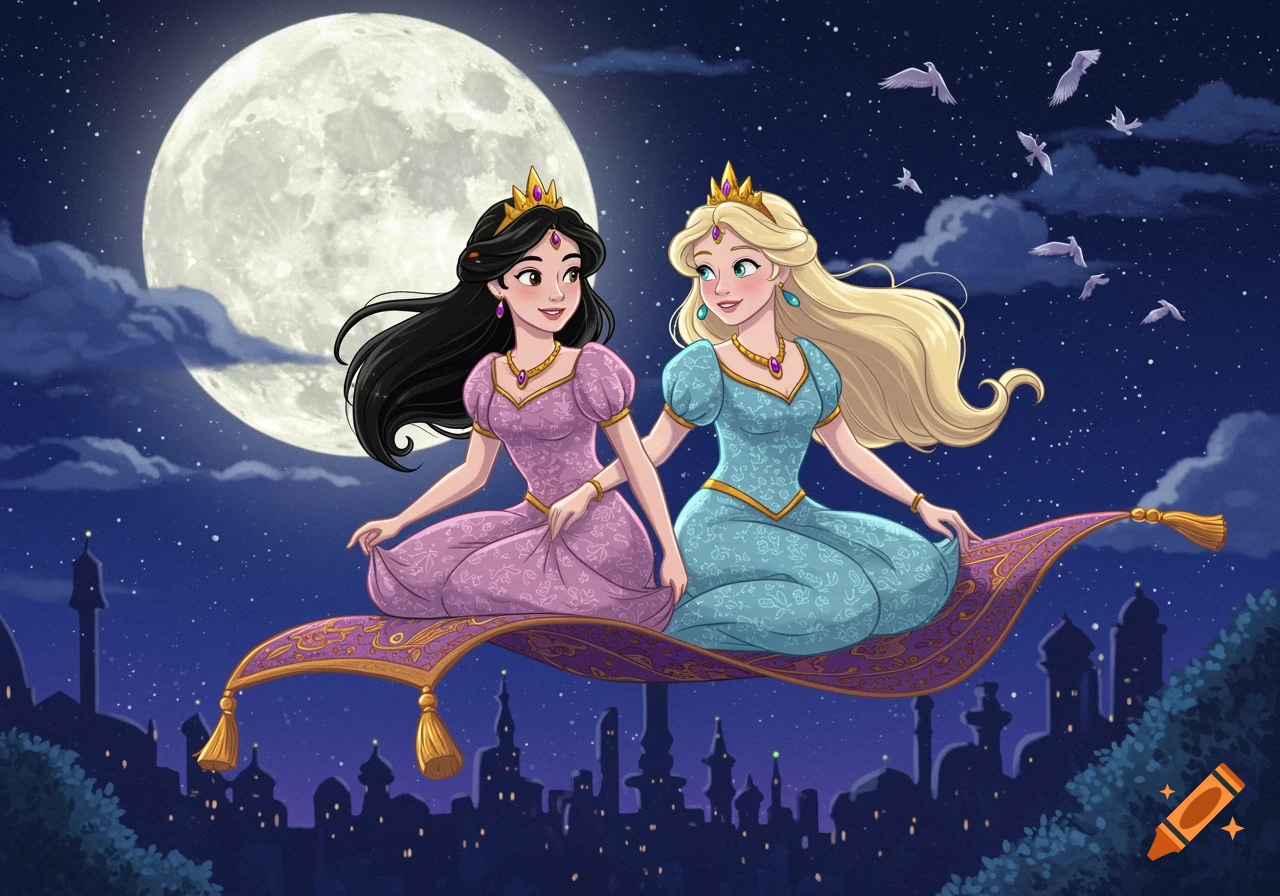 Colorful fantasy illustration of two princesses riding a magic carpet ...