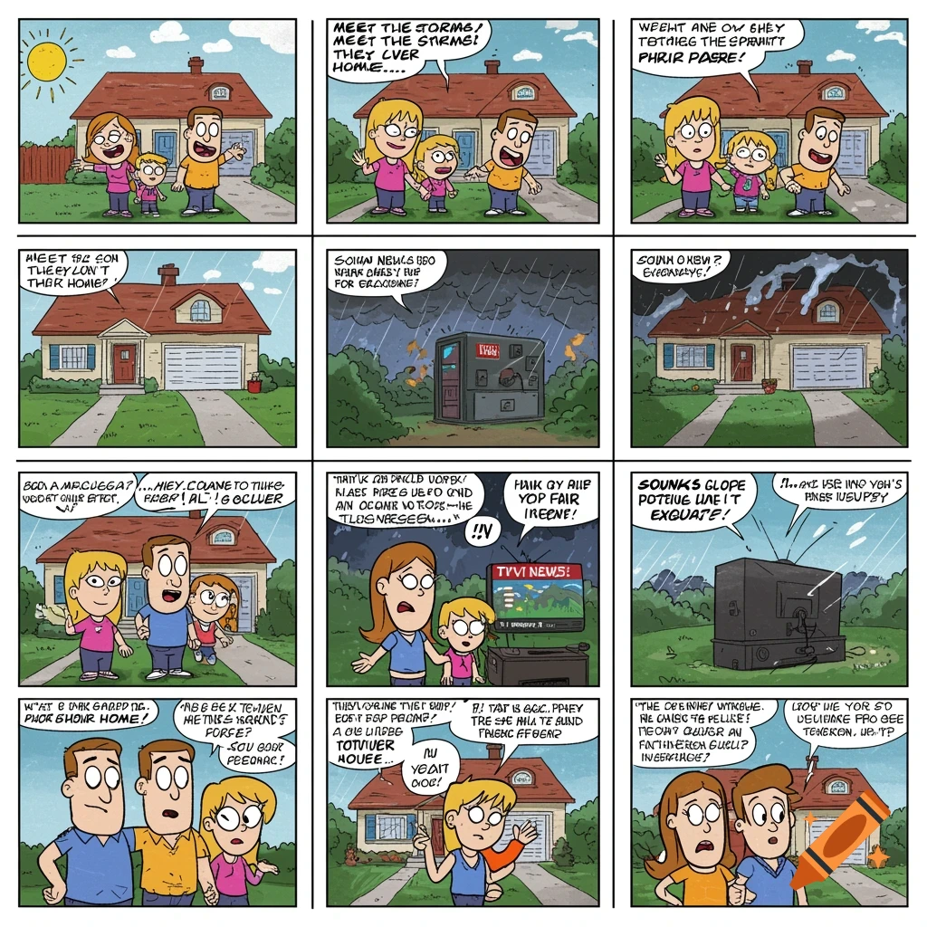 Big Nate style comic strip about a family and a hurricane on Craiyon