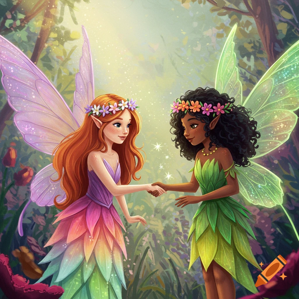 Two fairies sit under a large tree strung with glowing lights beside ...