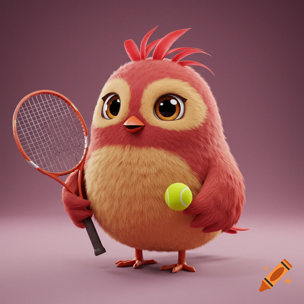 Cute cartoon bird with red feathers holding a tennis racket on Craiyon