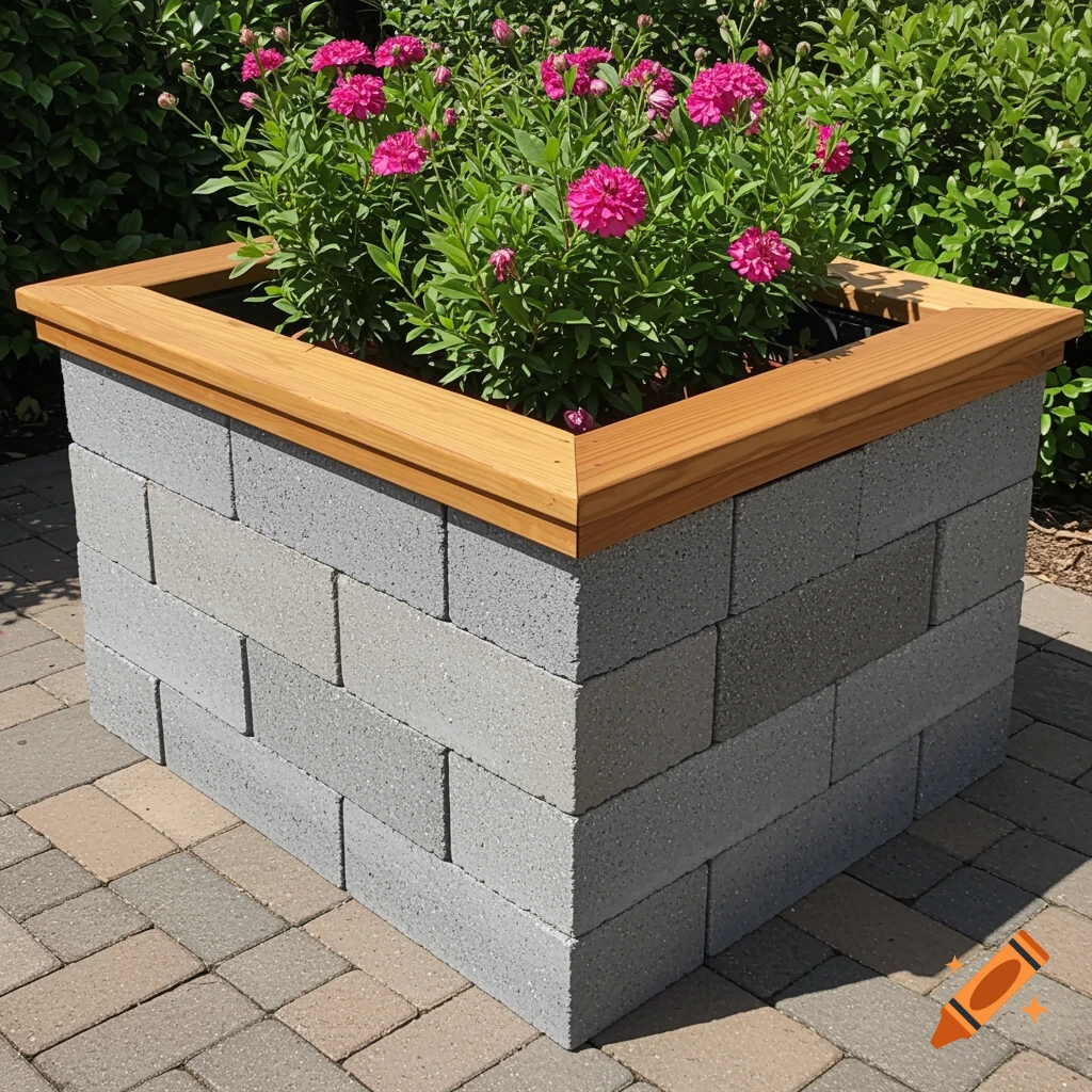 Concrete block planter box with a wooden top filled with plants on a ...