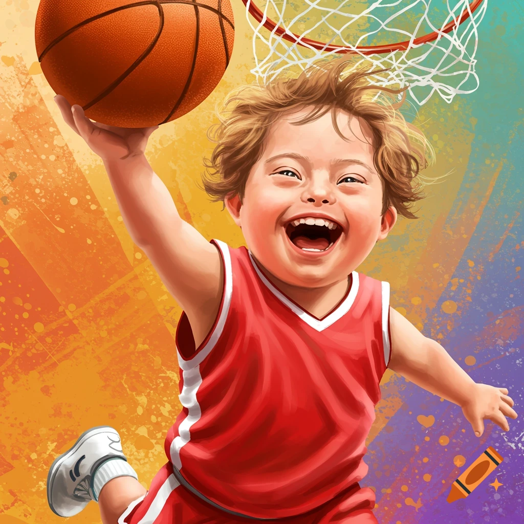 A joyful young boy playing basketball in a vibrant scene. on Craiyon