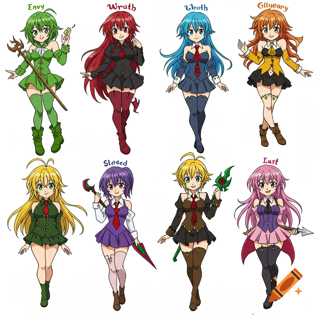 Anime-style image of the seven deadly sins as septuplet girls with ...