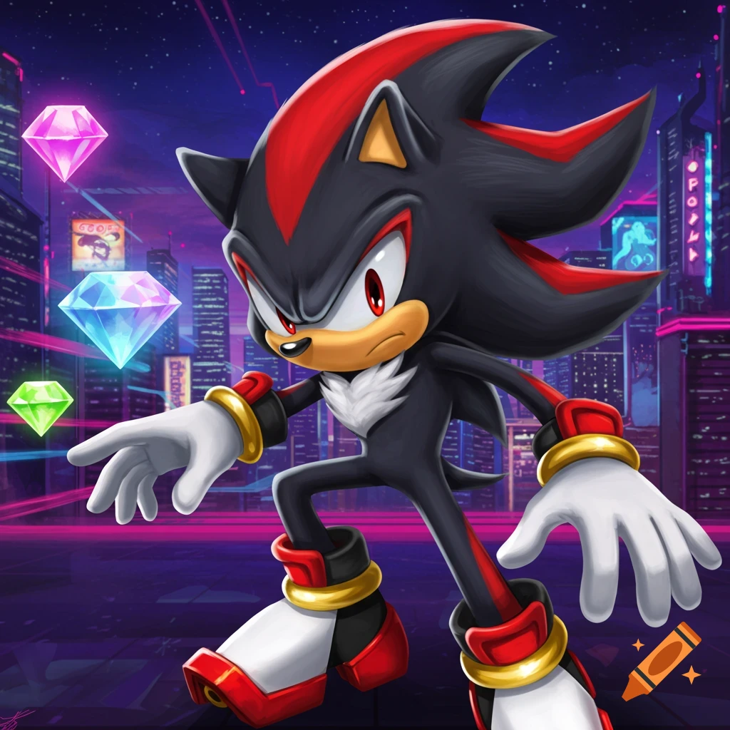 Shadow the Hedgehog standing in a futuristic city with floating gems ...