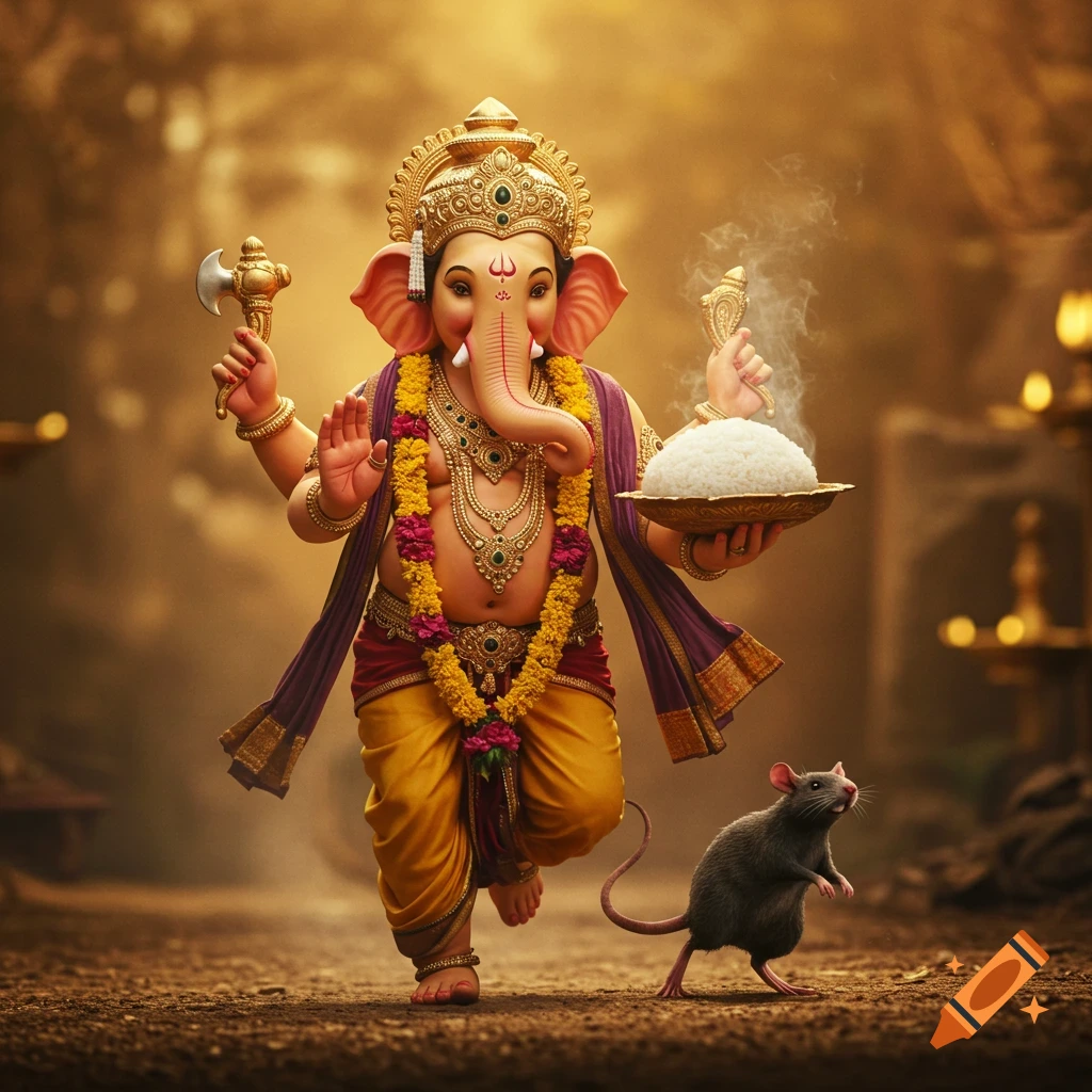 Lord Ganesha running towards a rat holding a rice ball, wearing heavy ...
