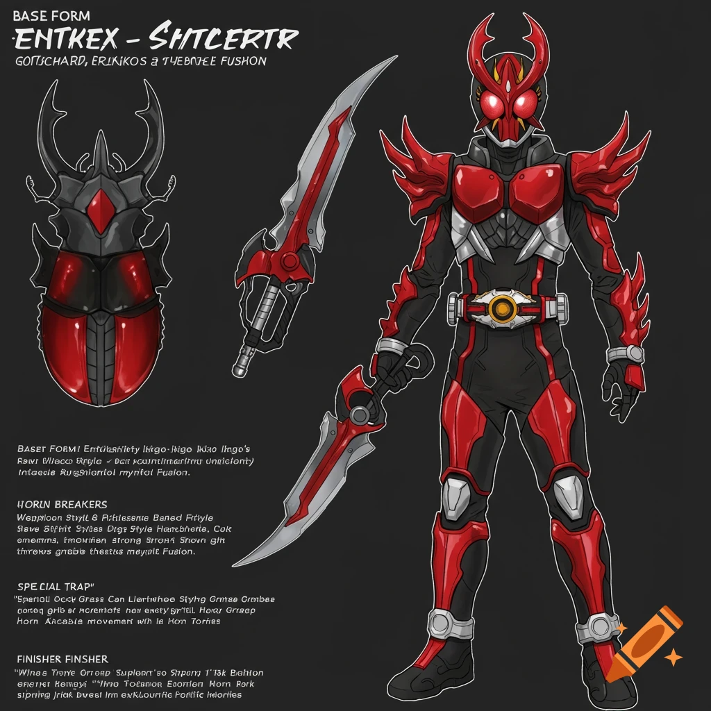 Photorealistic image of a red and black Kamen Rider with green eyes and ...