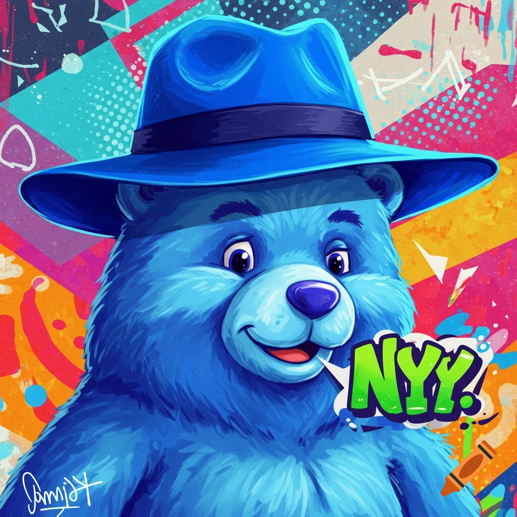 Cartoon blue bear in a blue hat with a NYY! speech bubble against a ...